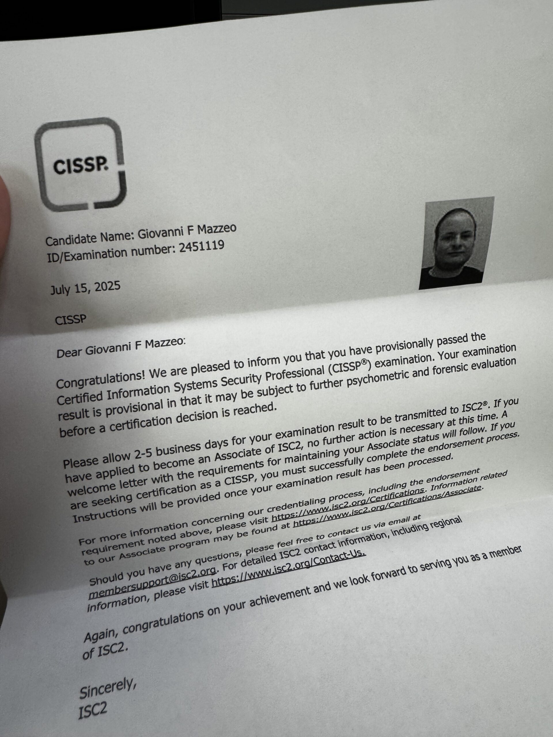 Passed the CISSP Exam after 2 weeks of studying | Giovanni F. Mazzeo De Santolo